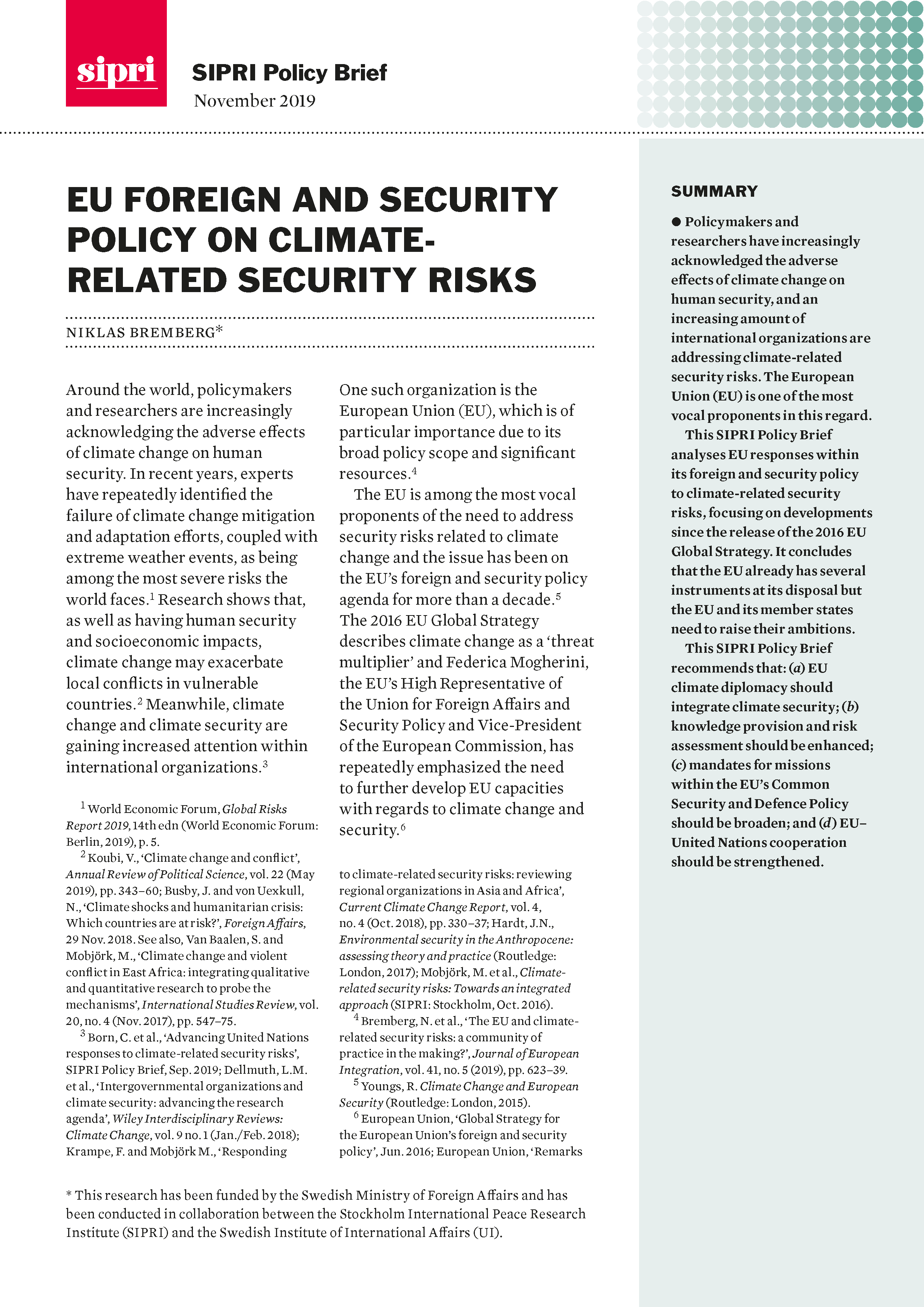 EU Foreign and Security Policy on Climate-related Security Risks | SIPRI
