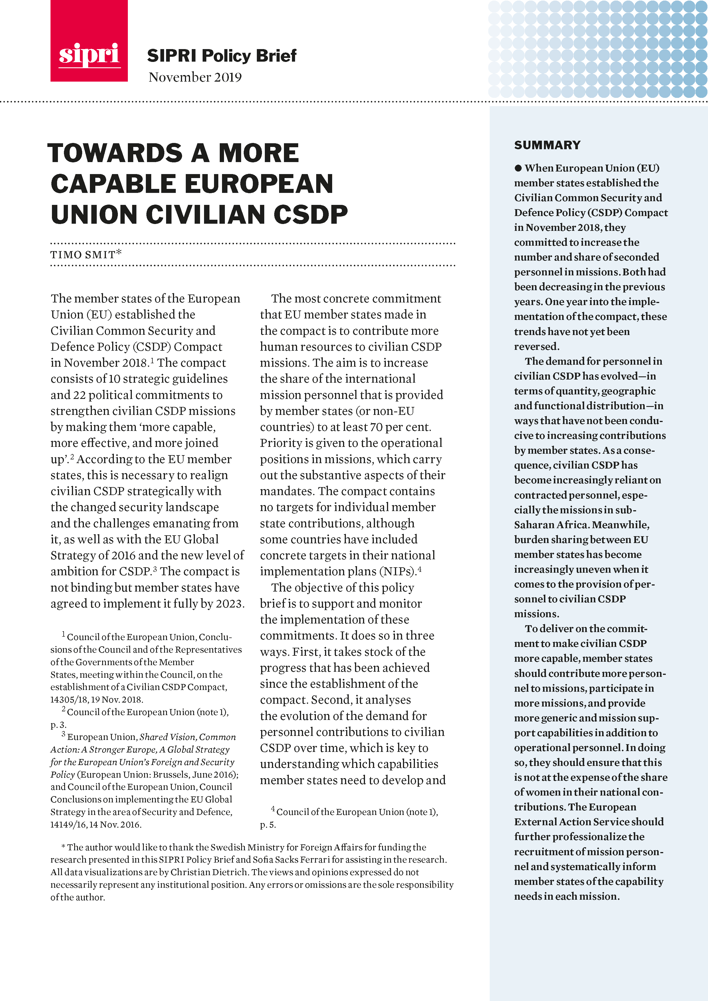 Towards a More Capable European Union Civilian CSDP | SIPRI