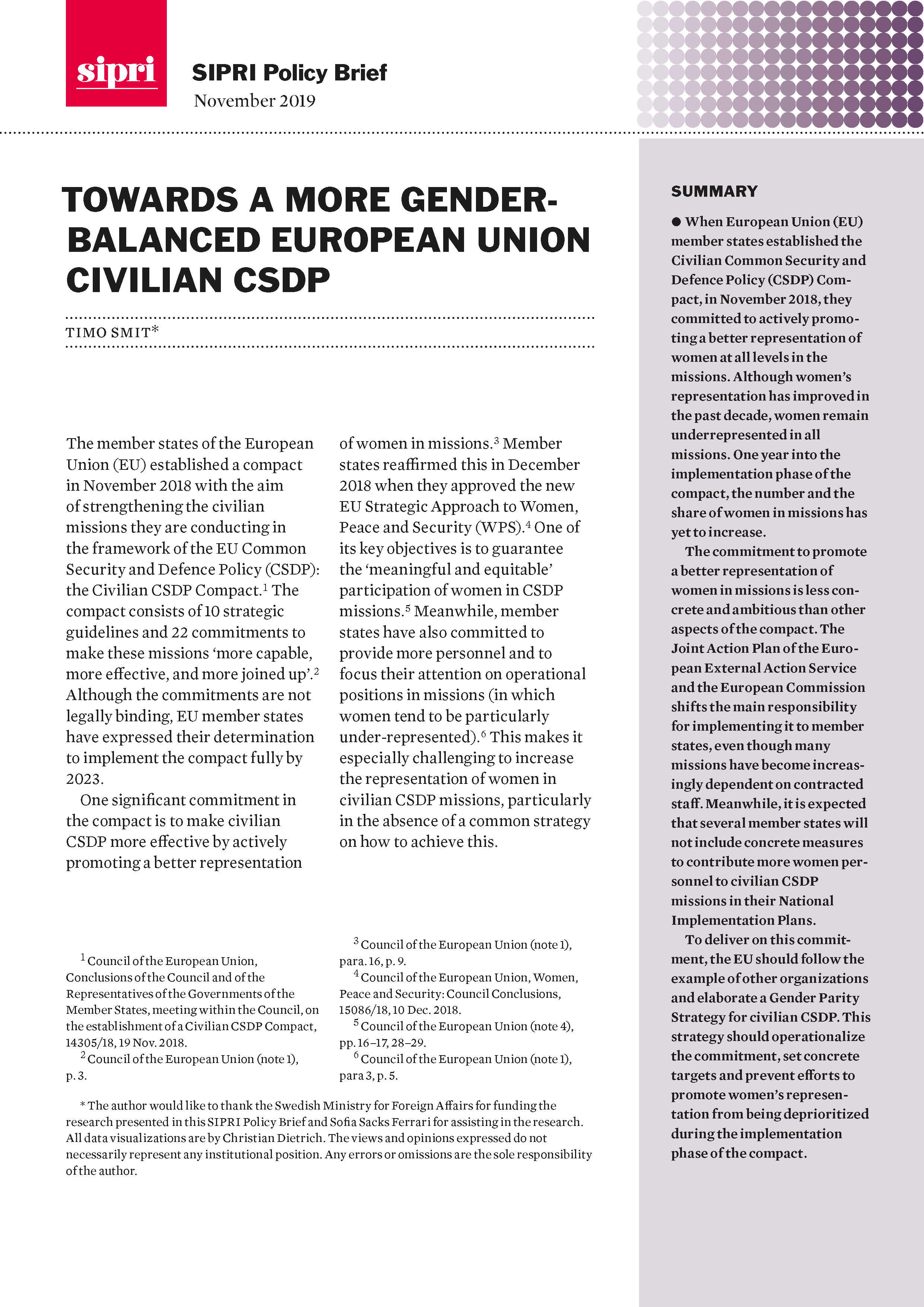 Towards a More Gender-balanced European Union CSDP | SIPRI
