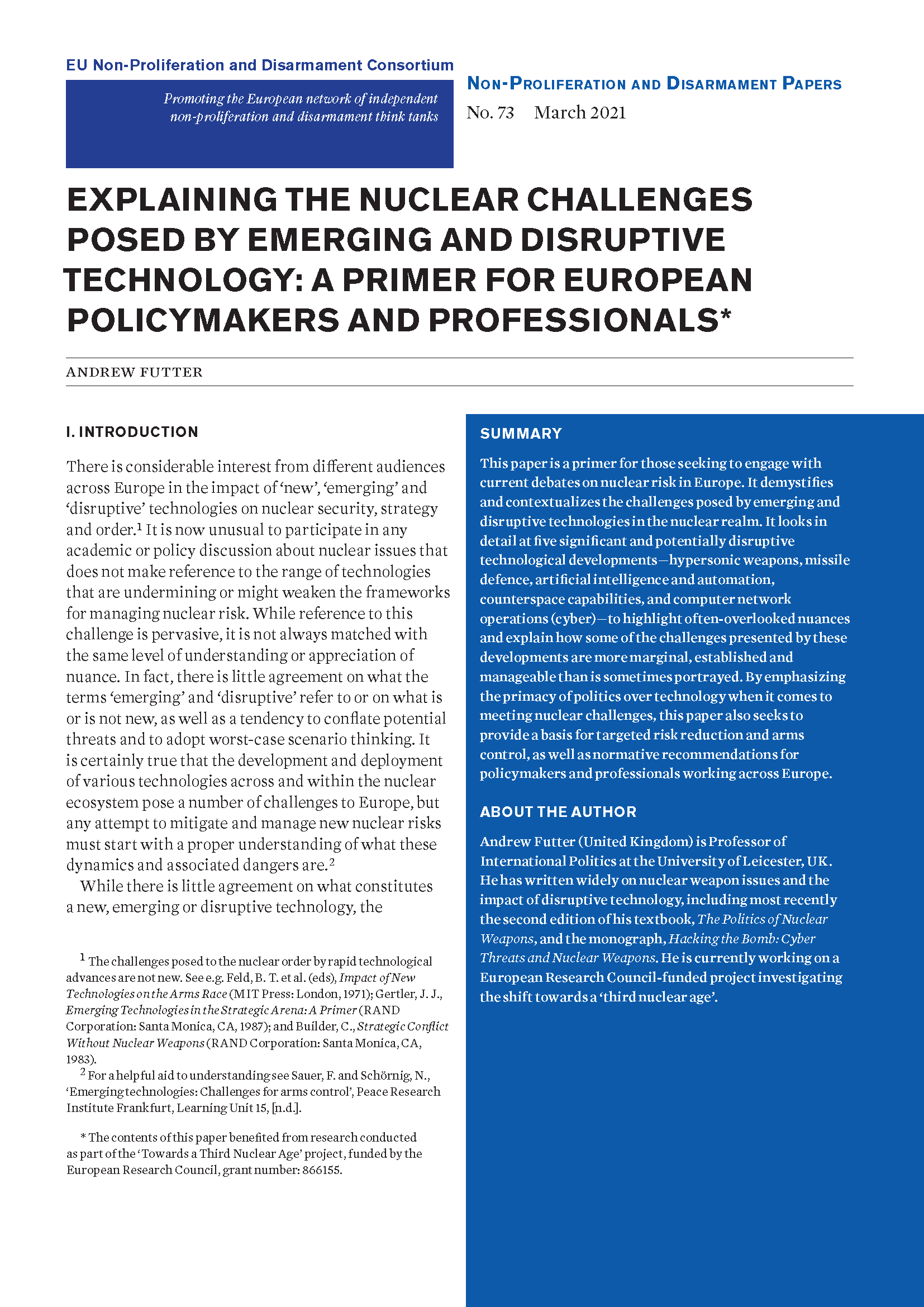 Explaining the Nuclear Challenges Posed by Emerging and Disruptive ...