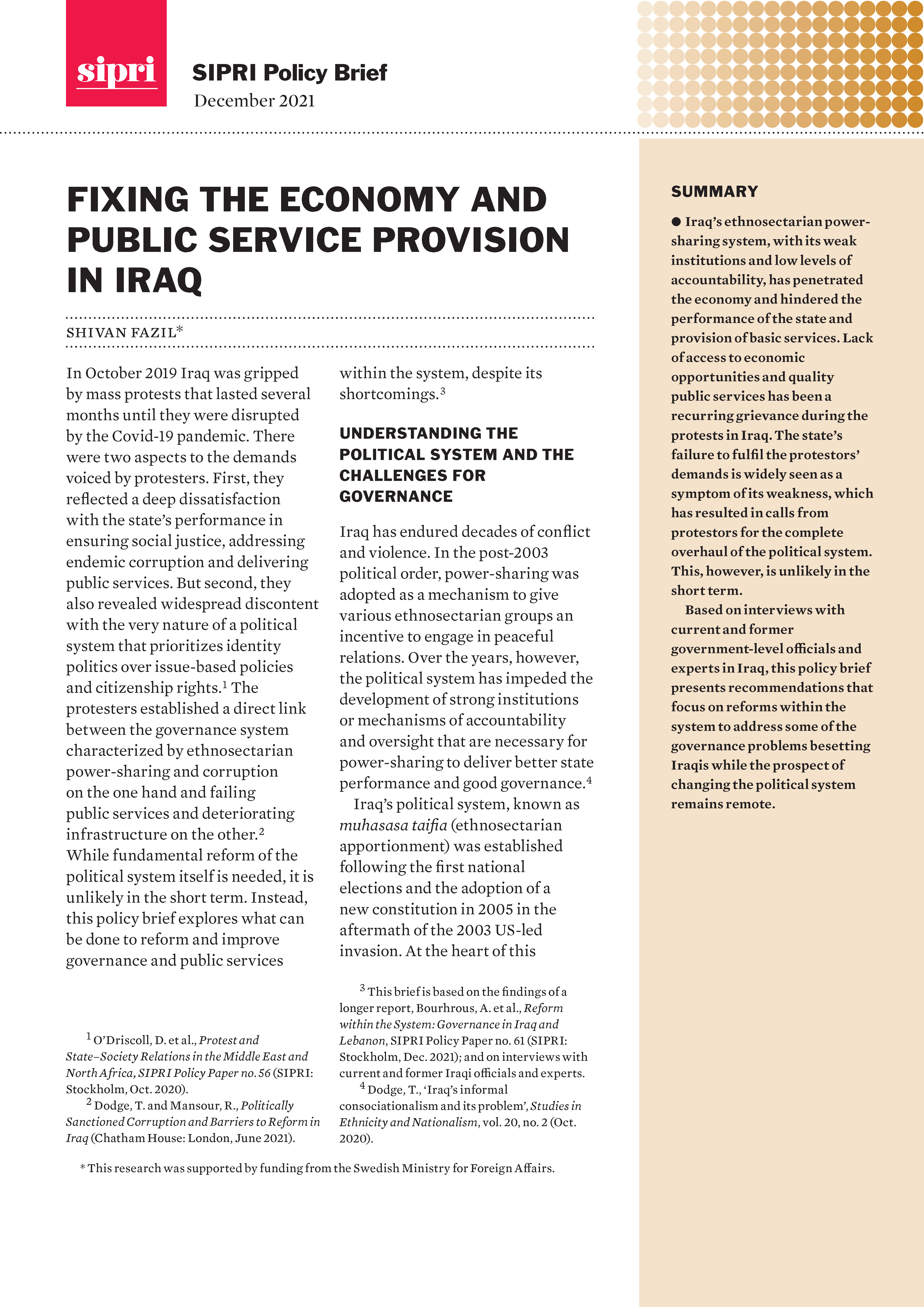 Fixing the Economy and Public Service Provision in Iraq | SIPRI