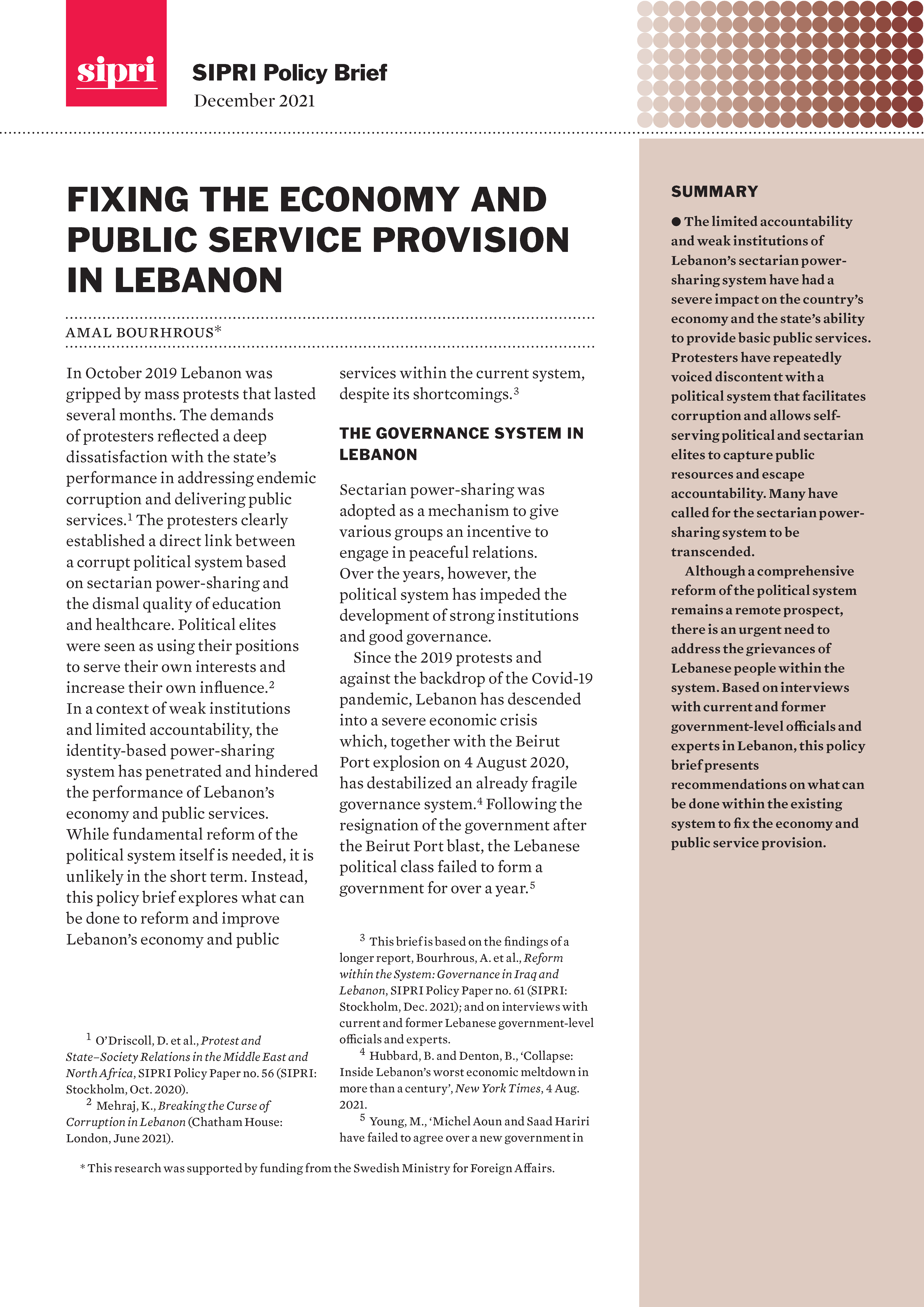 Fixing the Economy and Public Service Provision in Lebanon | SIPRI