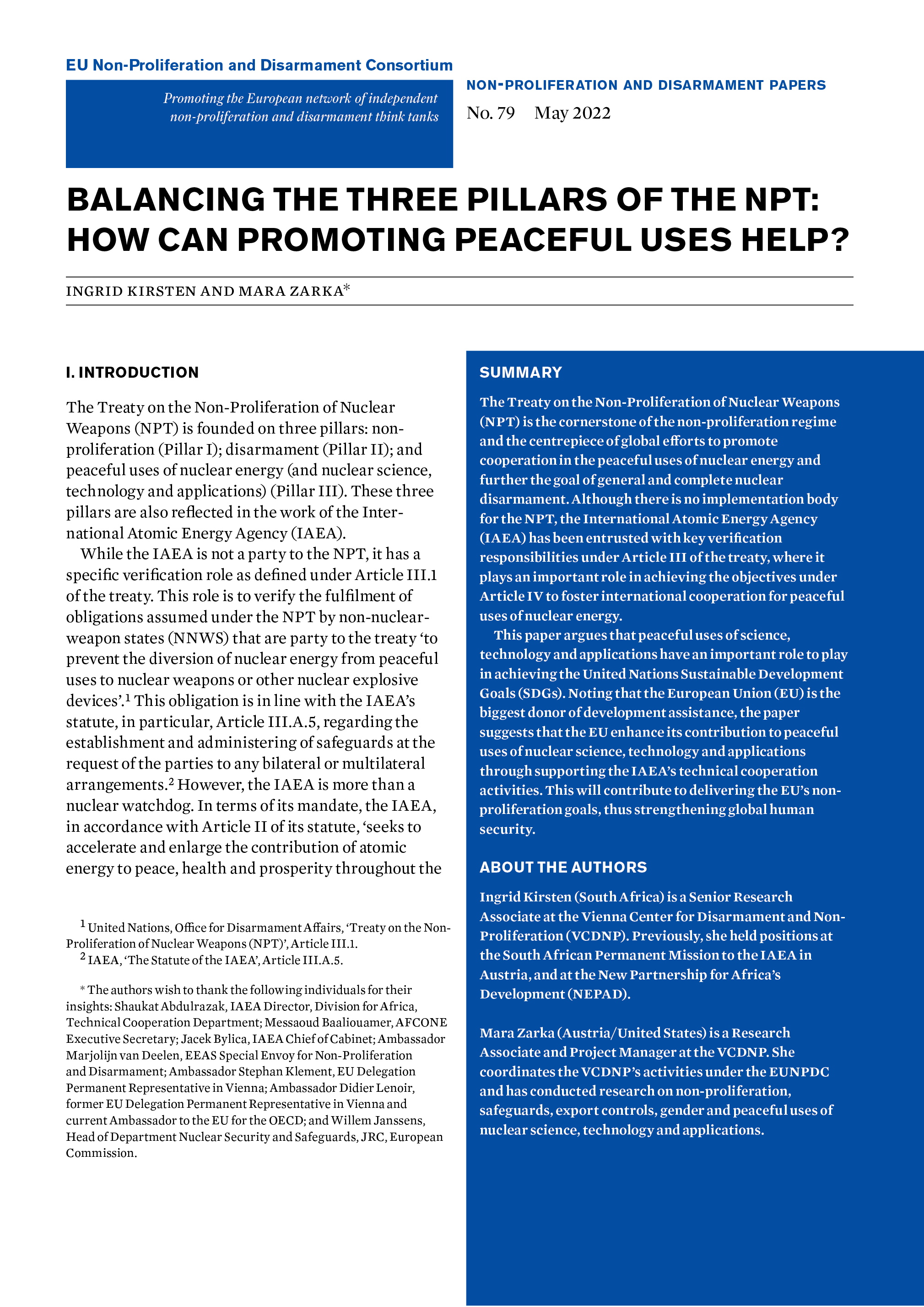 Balancing the Three Pillars of the NPT: How can Promoting Peaceful Uses ...