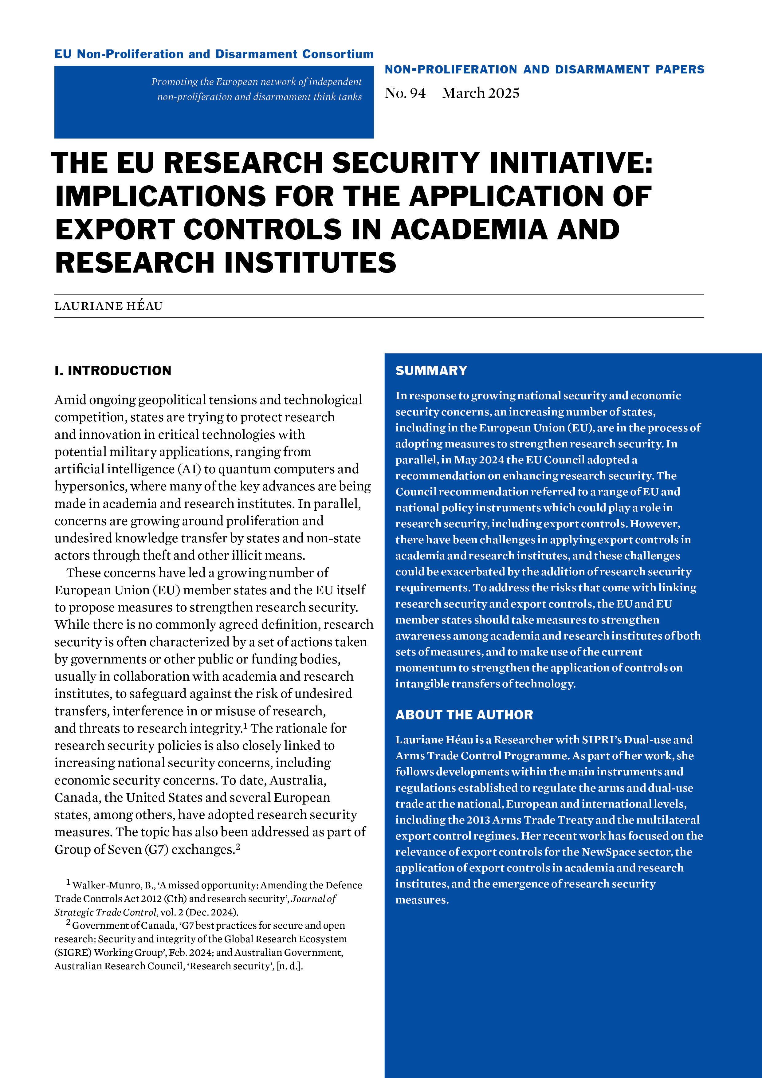 The EU Research Security Initiative: Implications for the Application of Export Controls in ...